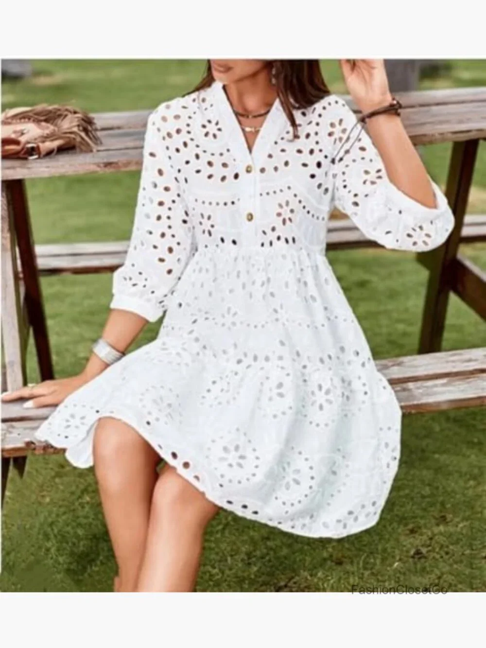 Dresses | Womens Eyelet Lace Midi Dress V Neck Puff 34 Sleeve Button ...